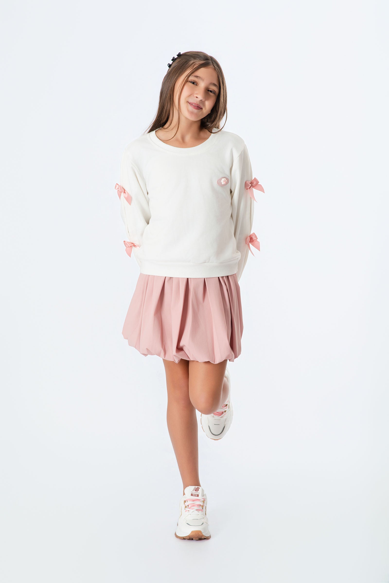 Conjunto buso con falda globo niña | Marfil + Rosa/Arena – MUHONI